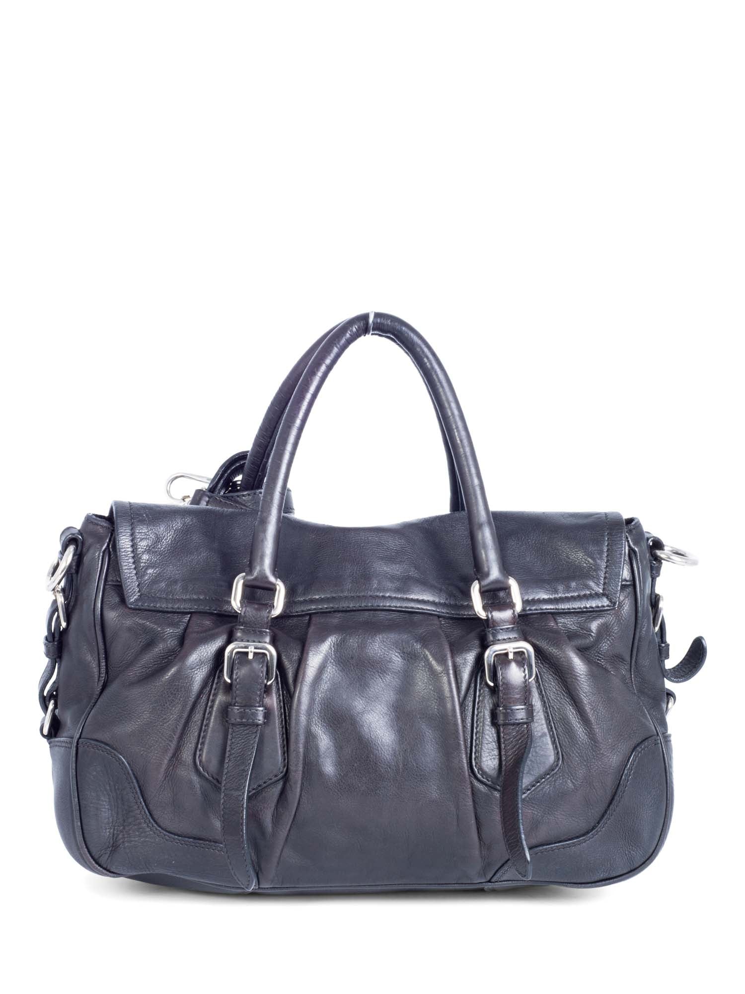 Prada Logo Leather Push Lock Portfolio Messenger Bag Black Silver