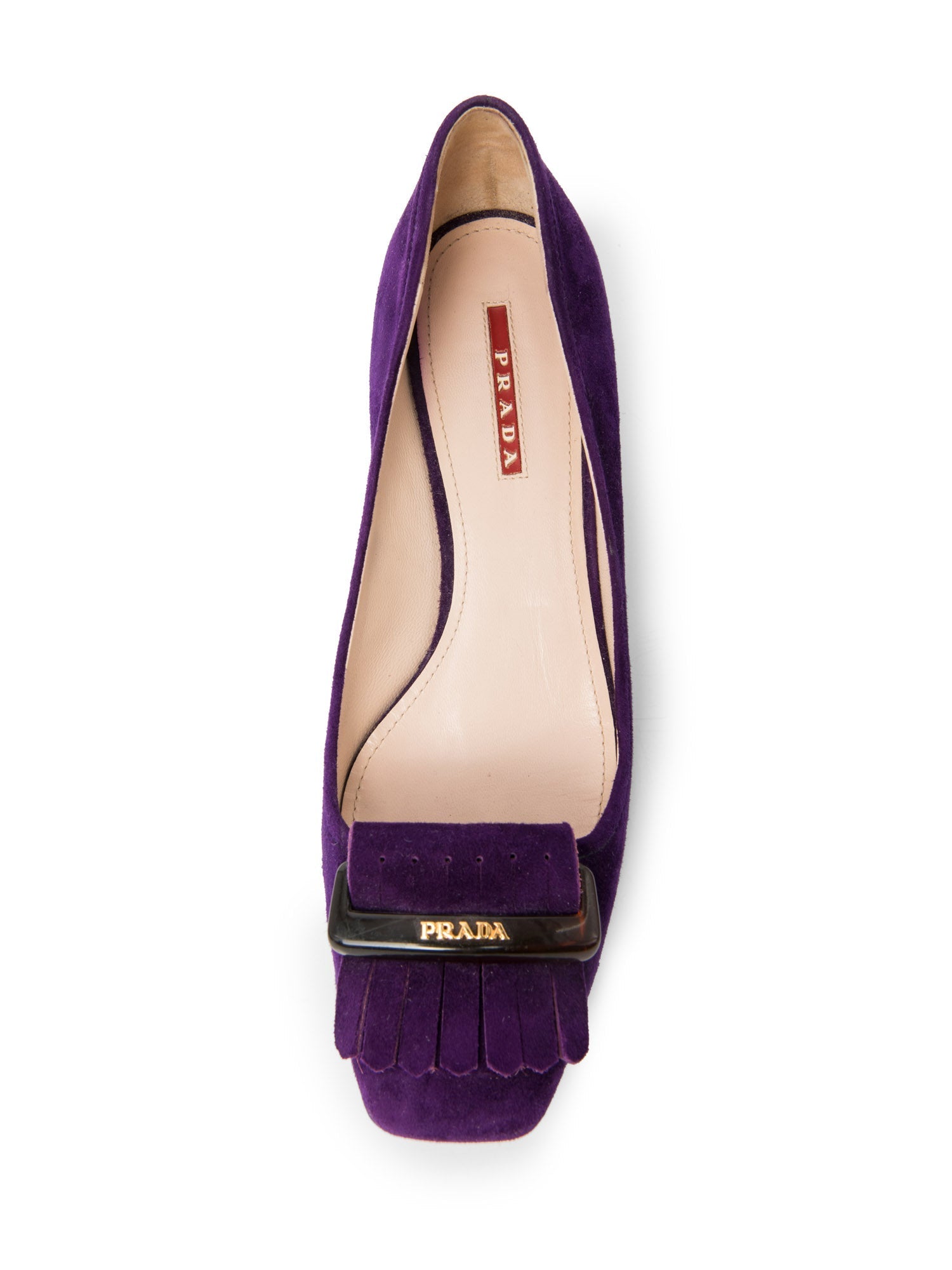 Prada Logo Suede Buckled Tassel Block Heels Purple