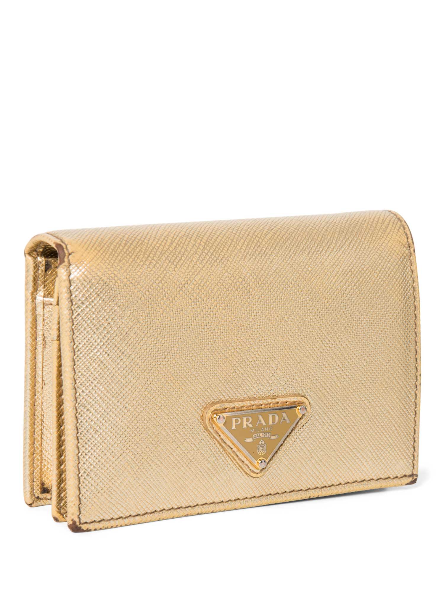 Prada Logo Tessuto Leather Compact Wallet Gold