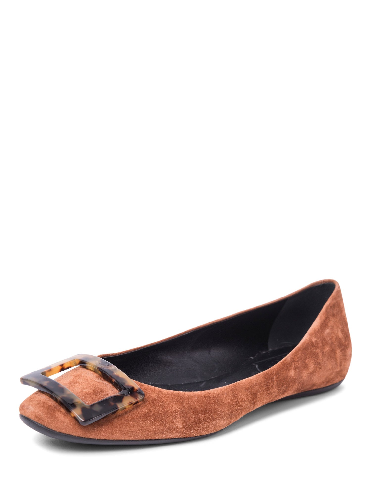 Roger Vivier Logo Suede Tortoiseshell Buckle Flats Brown