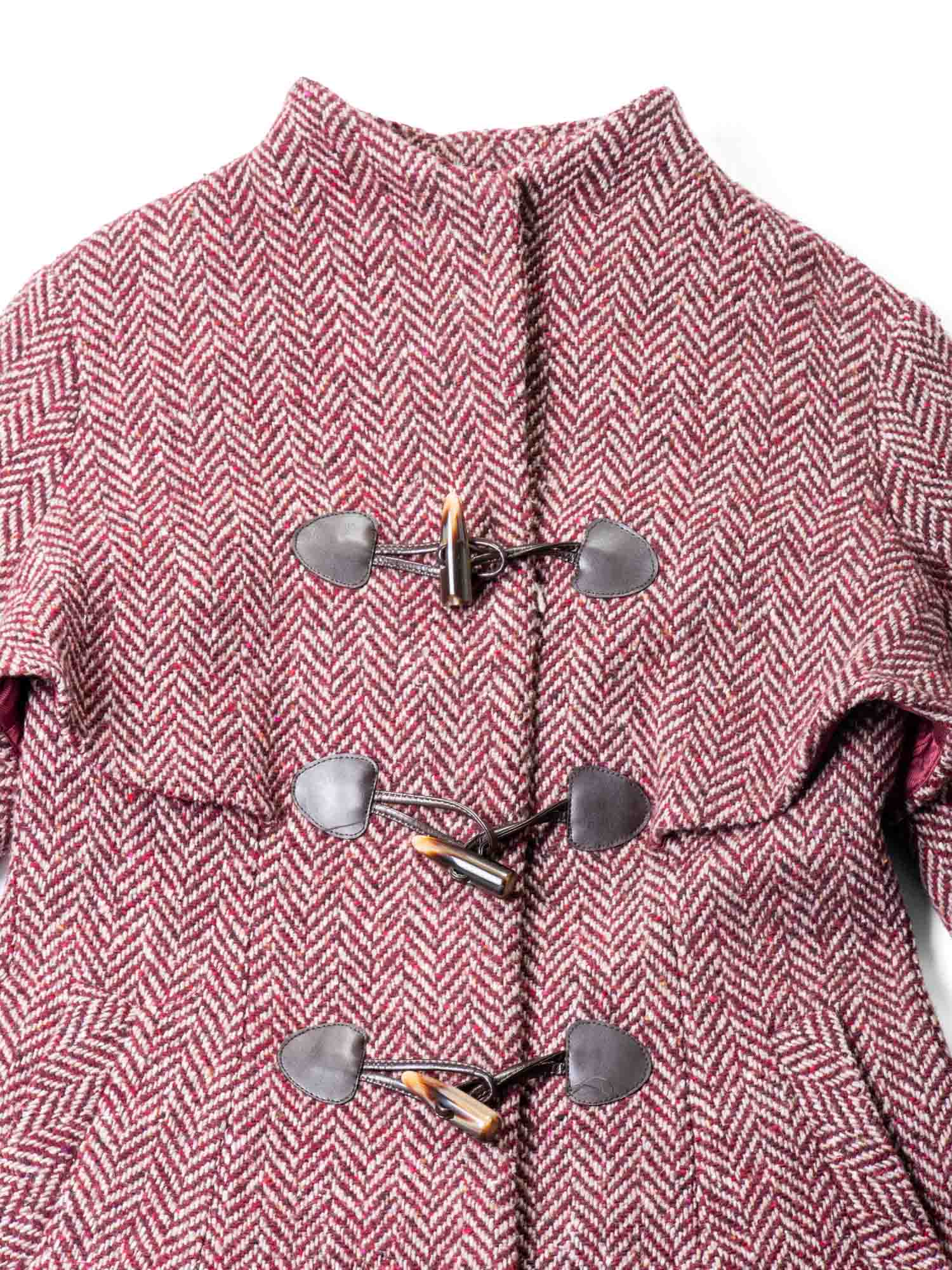Stella Jean Wool Herringbone Toggle Aline Coat Burgundy Beige