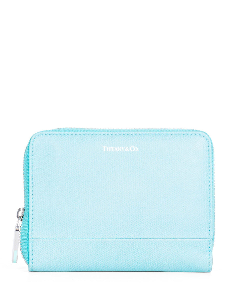 Tiffany & Co. Logo Leather Zipper Wallet Aqua Blue