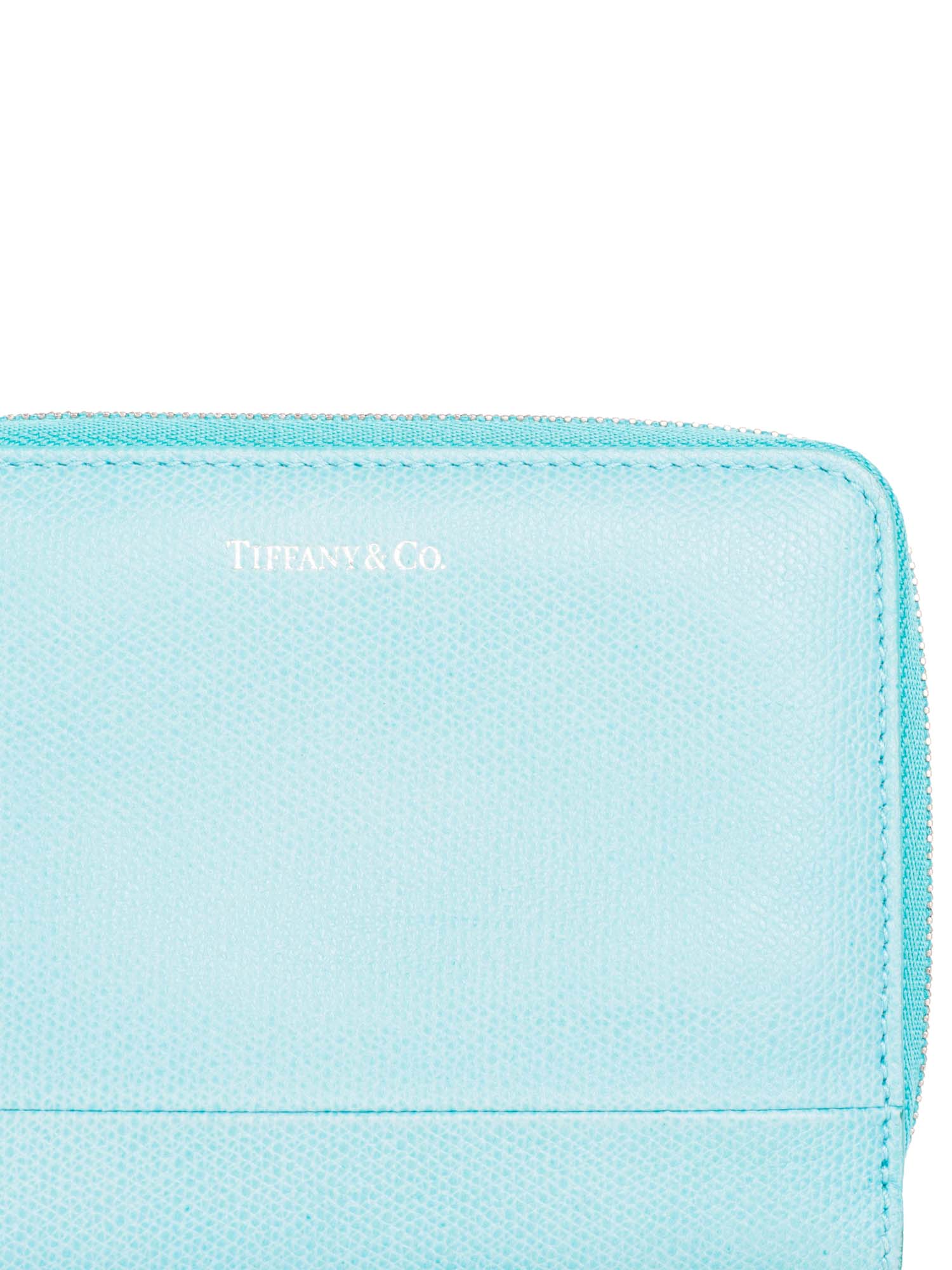 Tiffany & Co. Logo Leather Zipper Wallet Aqua Blue