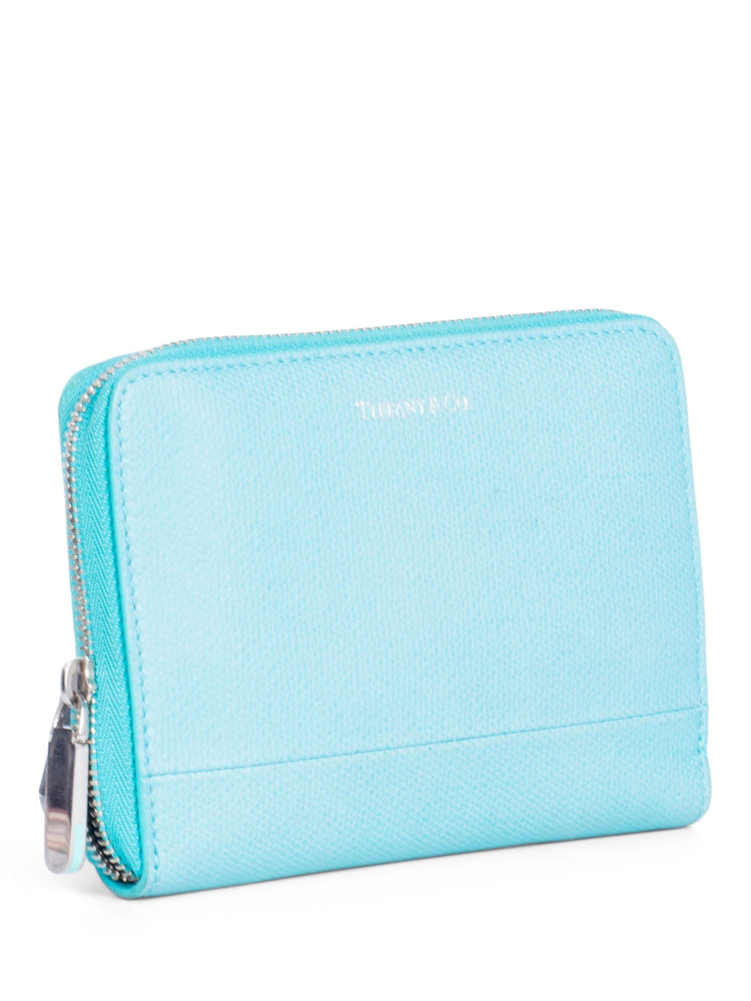 Tiffany & Co. Logo Leather Zipper Wallet Aqua Blue