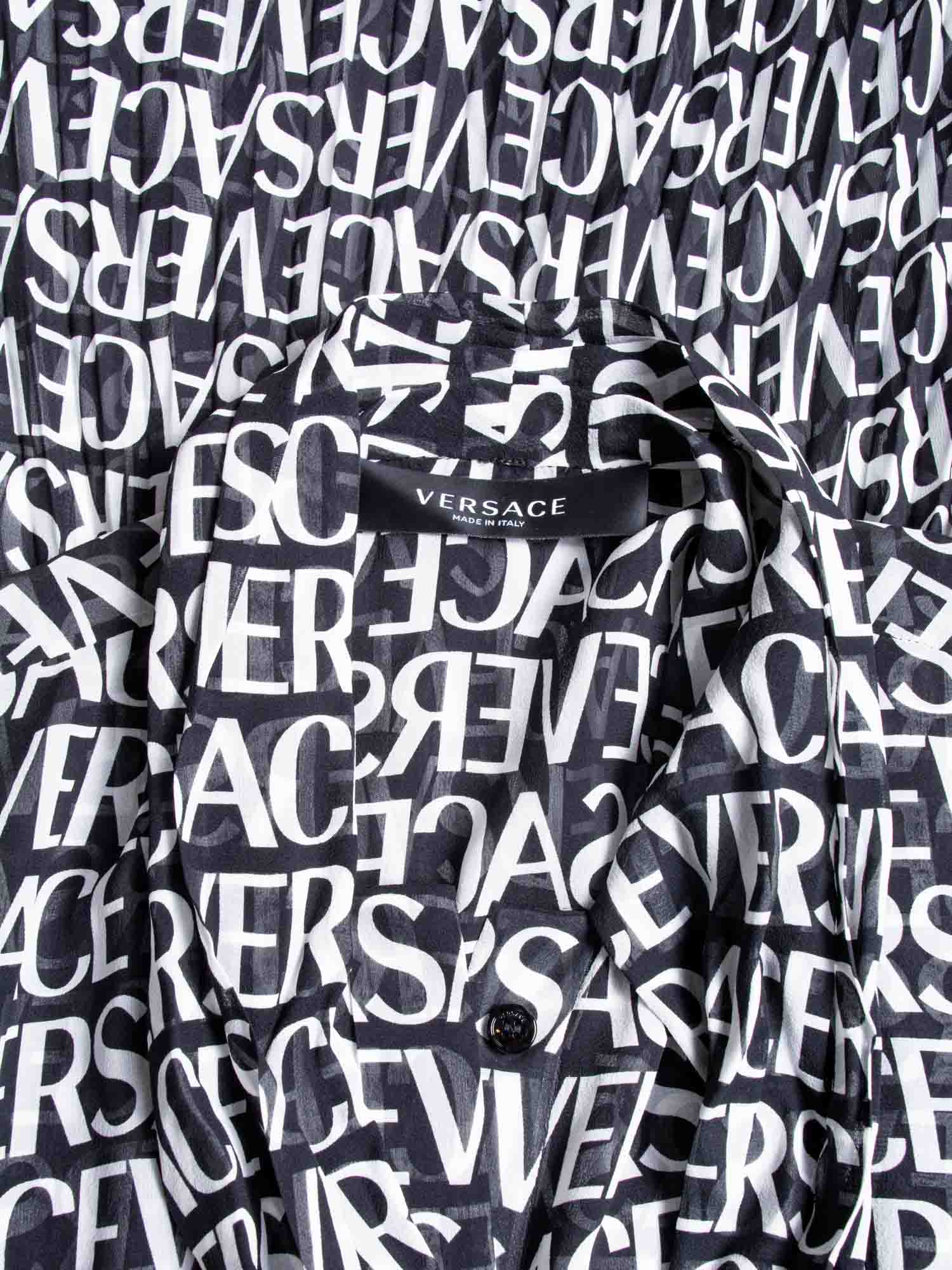 Versace Logo Print Silk Pleated Midi Dress Black White