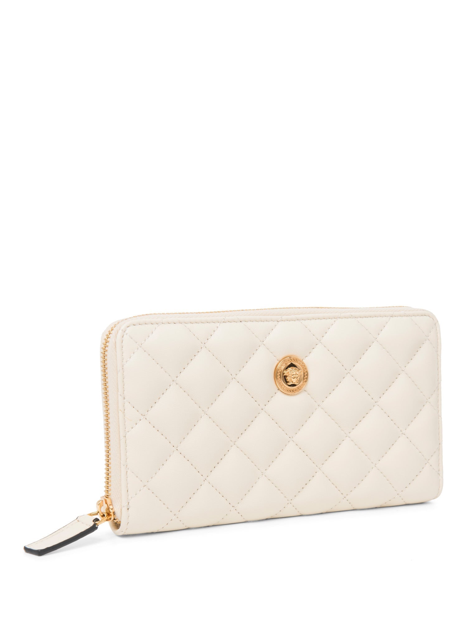 Versace Logo Quilted Leather Long Zippered Wallet Ivory
