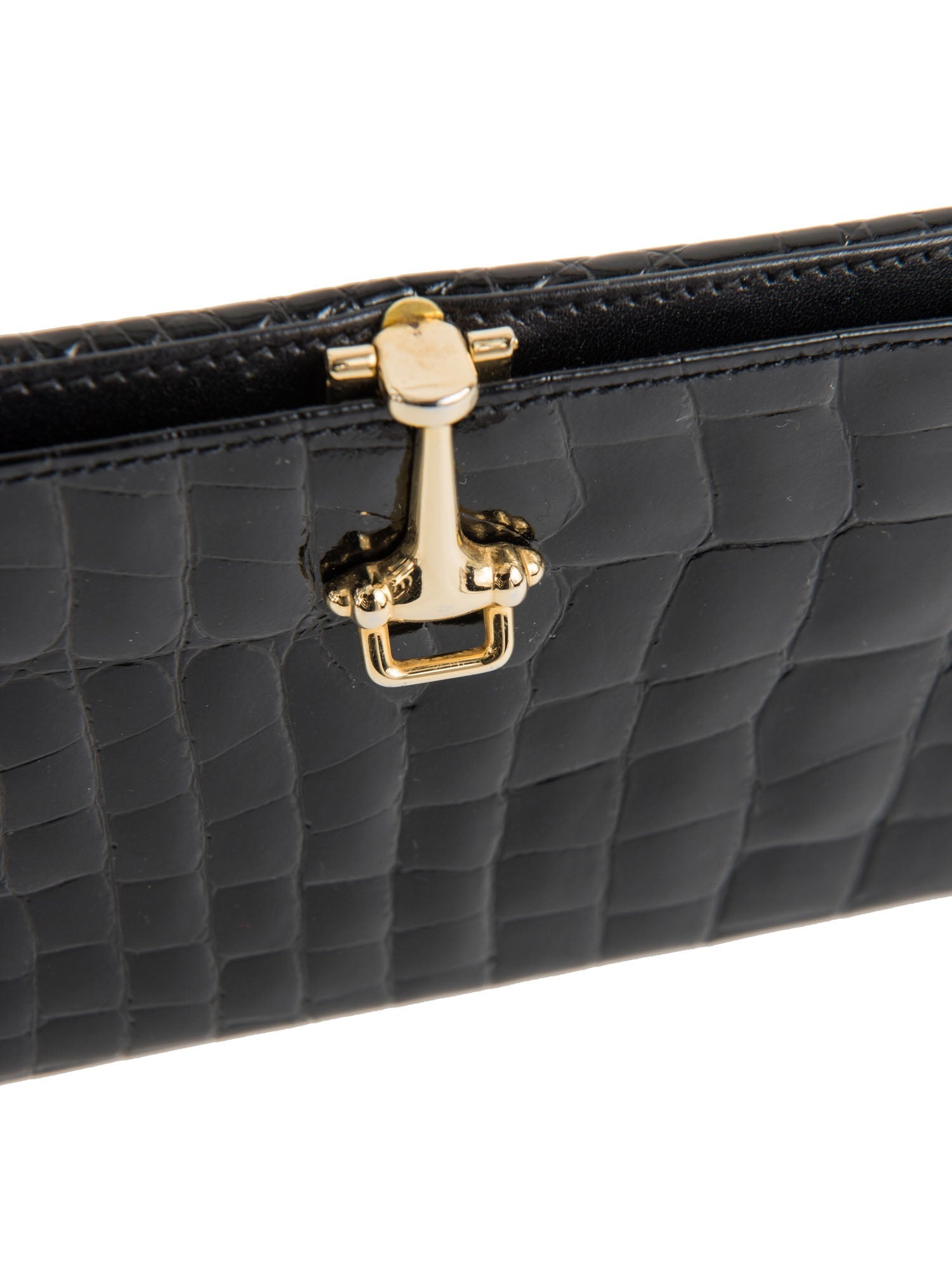 Vintage Shiny Crocodile Leather Horsebit Wallet Black Gold