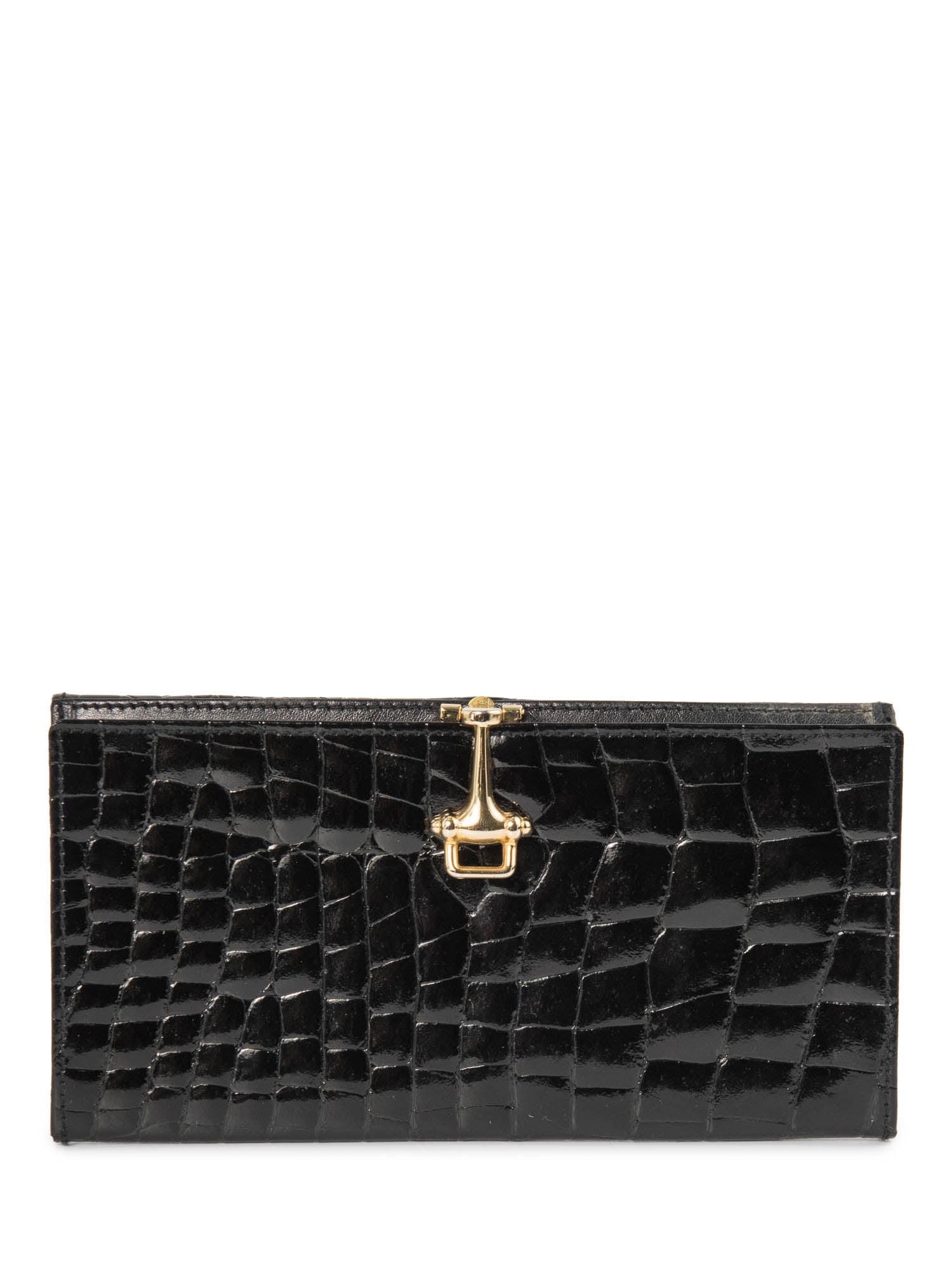 Vintage Shiny Crocodile Leather Horsebit Wallet Black Gold