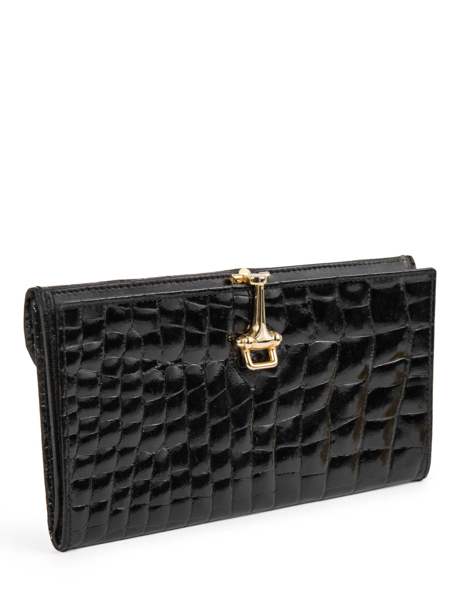 Vintage Shiny Crocodile Leather Horsebit Wallet Black Gold