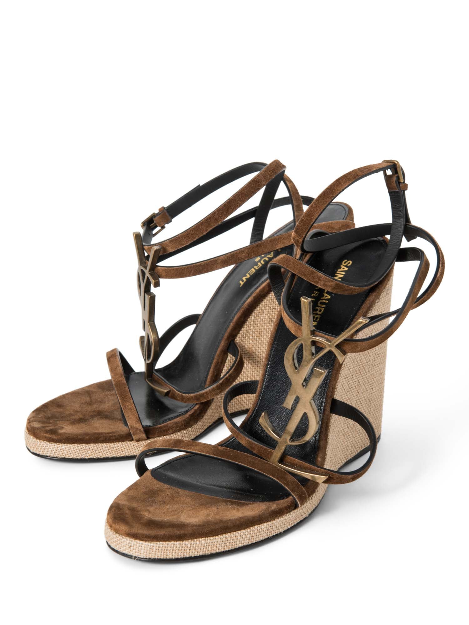 Yves Saint Laurent Logo Suede Cassandra Wedge Sandals Brown
