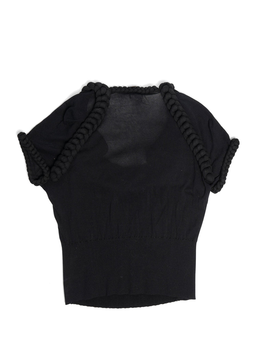 CHANEL CC Logo Knit Rope Fringe Blouse Black