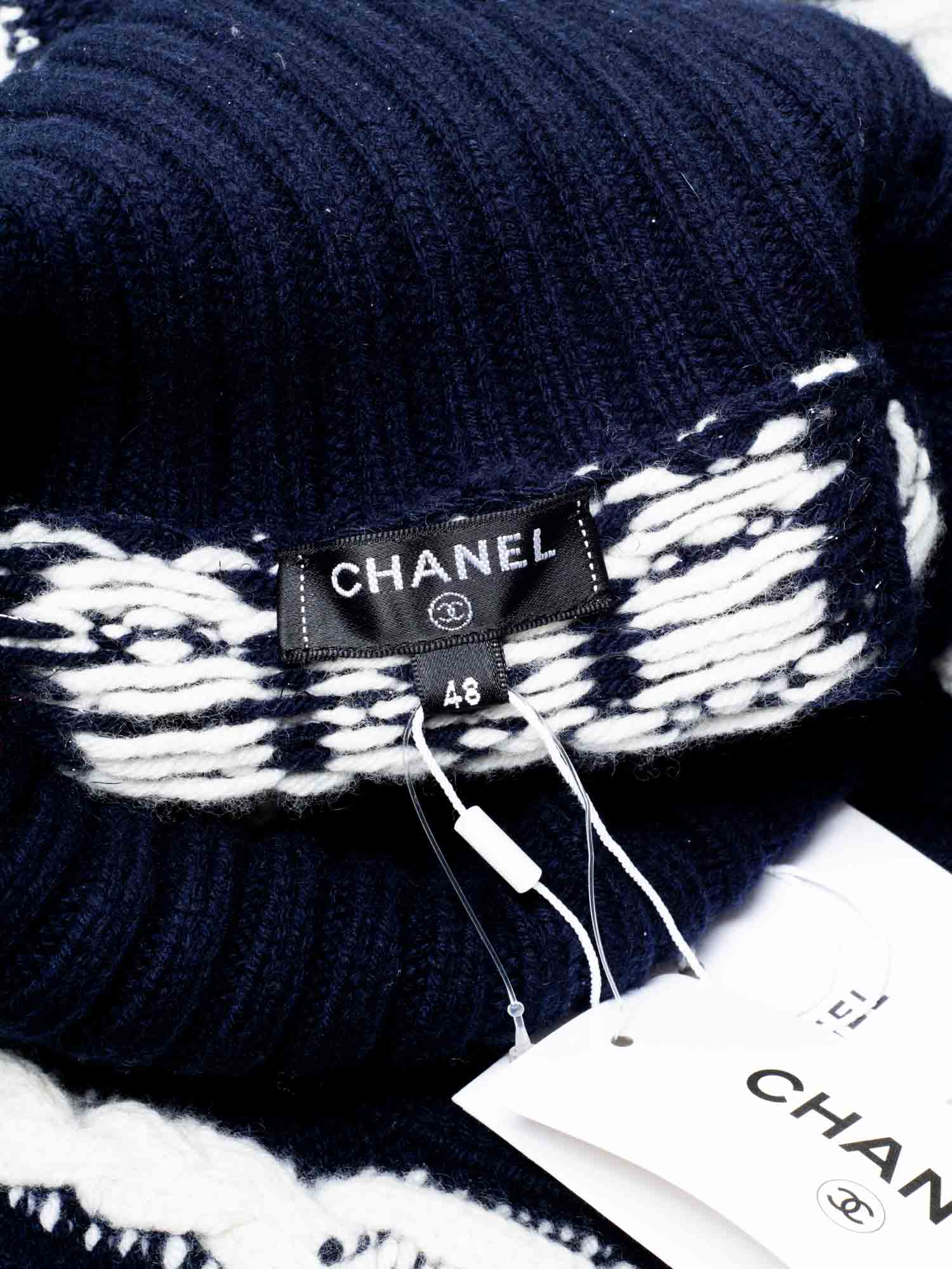 CHANEL Cable Knit Cashmere Sparkly Nautical Sweater Blue White