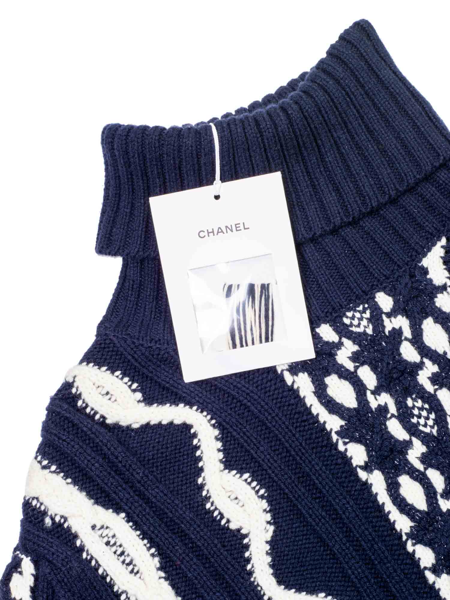 CHANEL Cable Knit Cashmere Sparkly Nautical Sweater Blue White