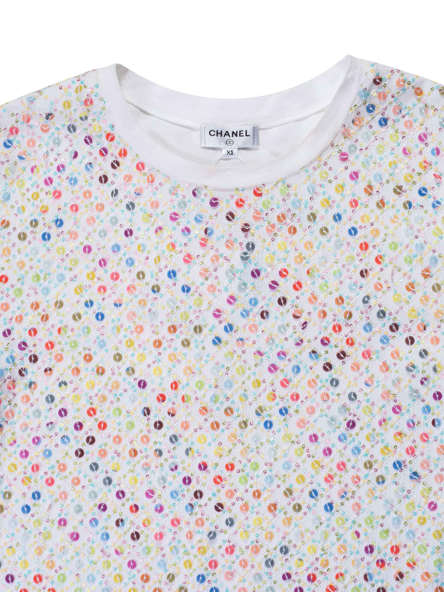CHANEL Cotton Sequin CC Logo Top White