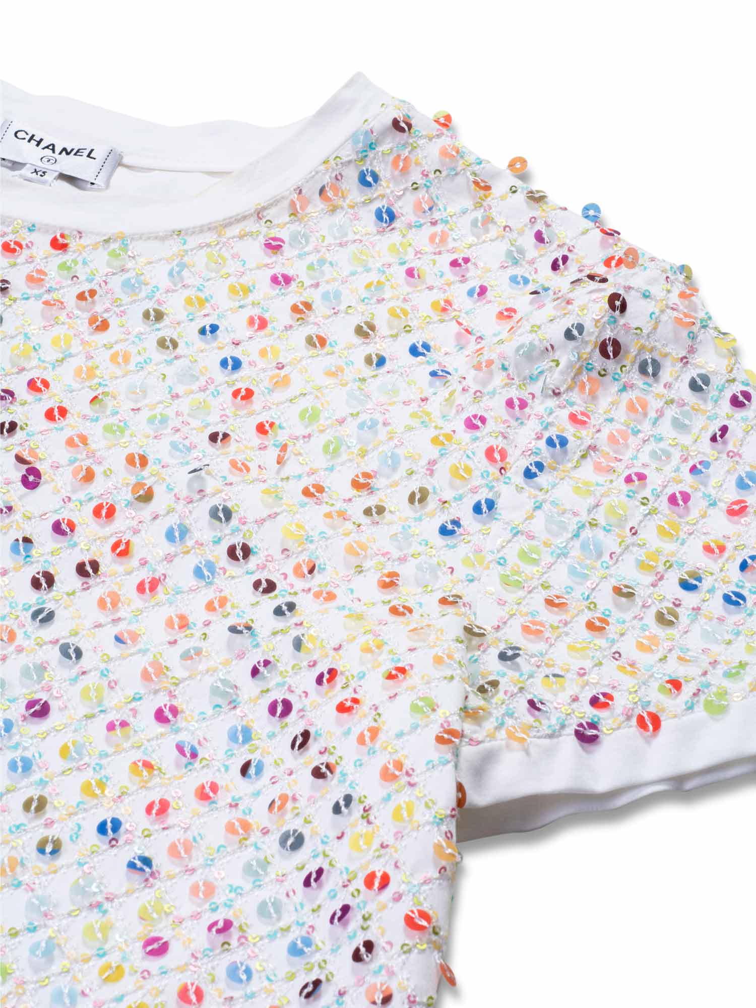 CHANEL Cotton Sequin CC Logo Top White