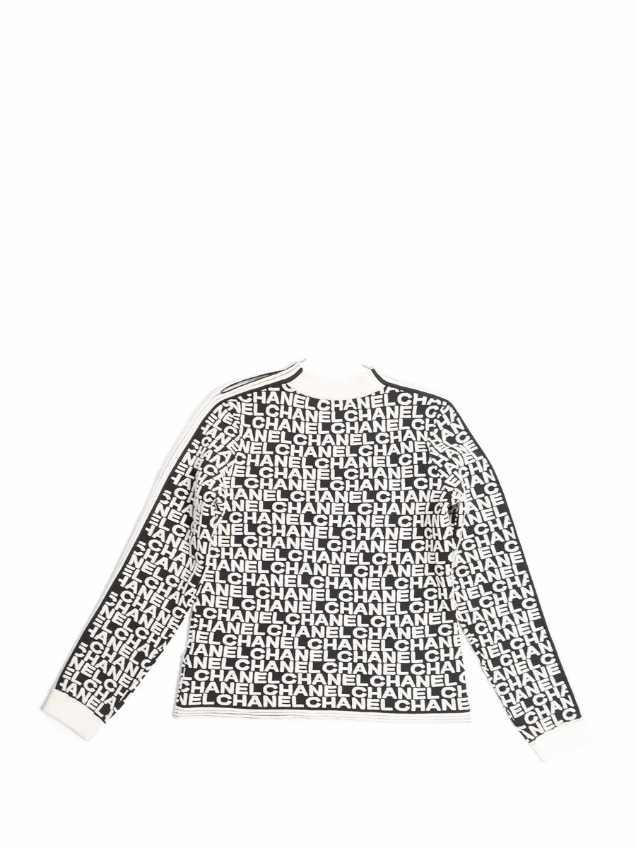 CHANEL Logo Knit Zipper Sweater Black White