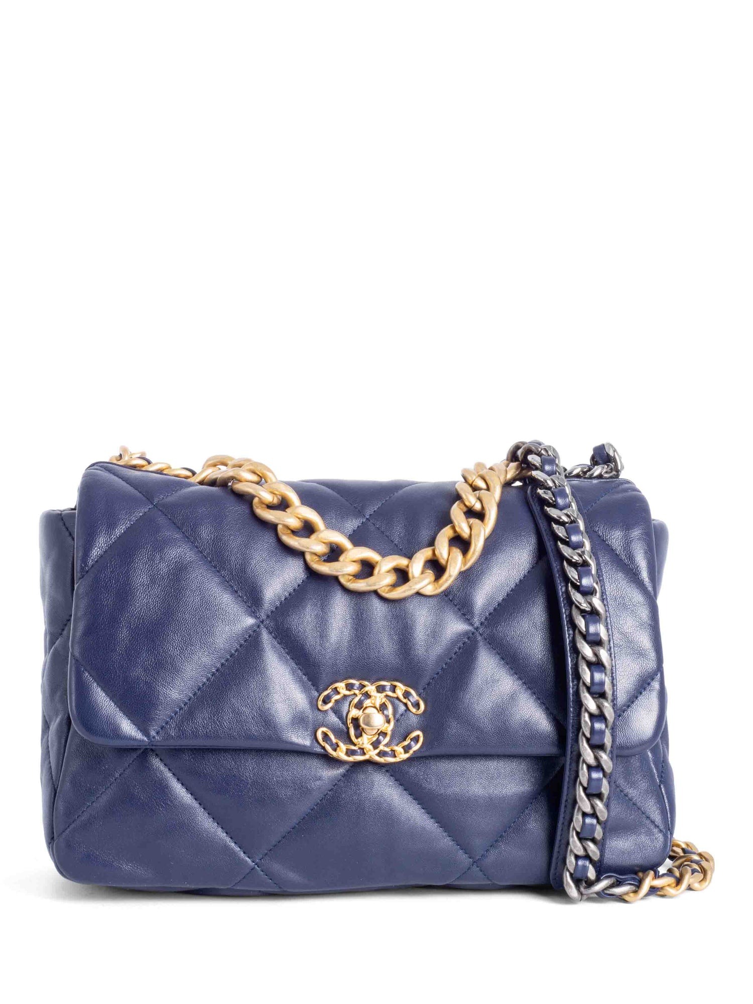 CHANEL Quilted Leather Large 19 Flap Messenger Bag Navy Blue