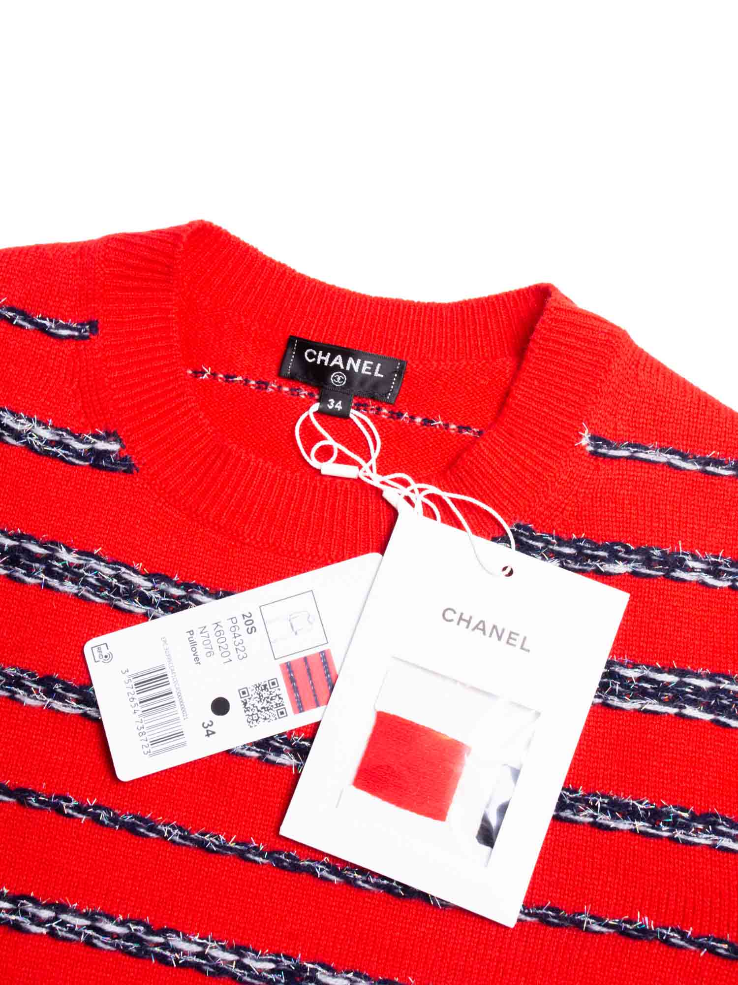 CHANEL Sparkly Fringe Cashmere Stripe Cropped Sweater Red