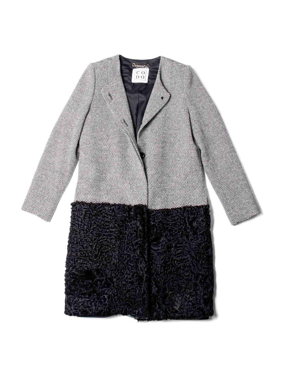 CODO Curly Lamb Fur Houndstooth Wool Coat Black White