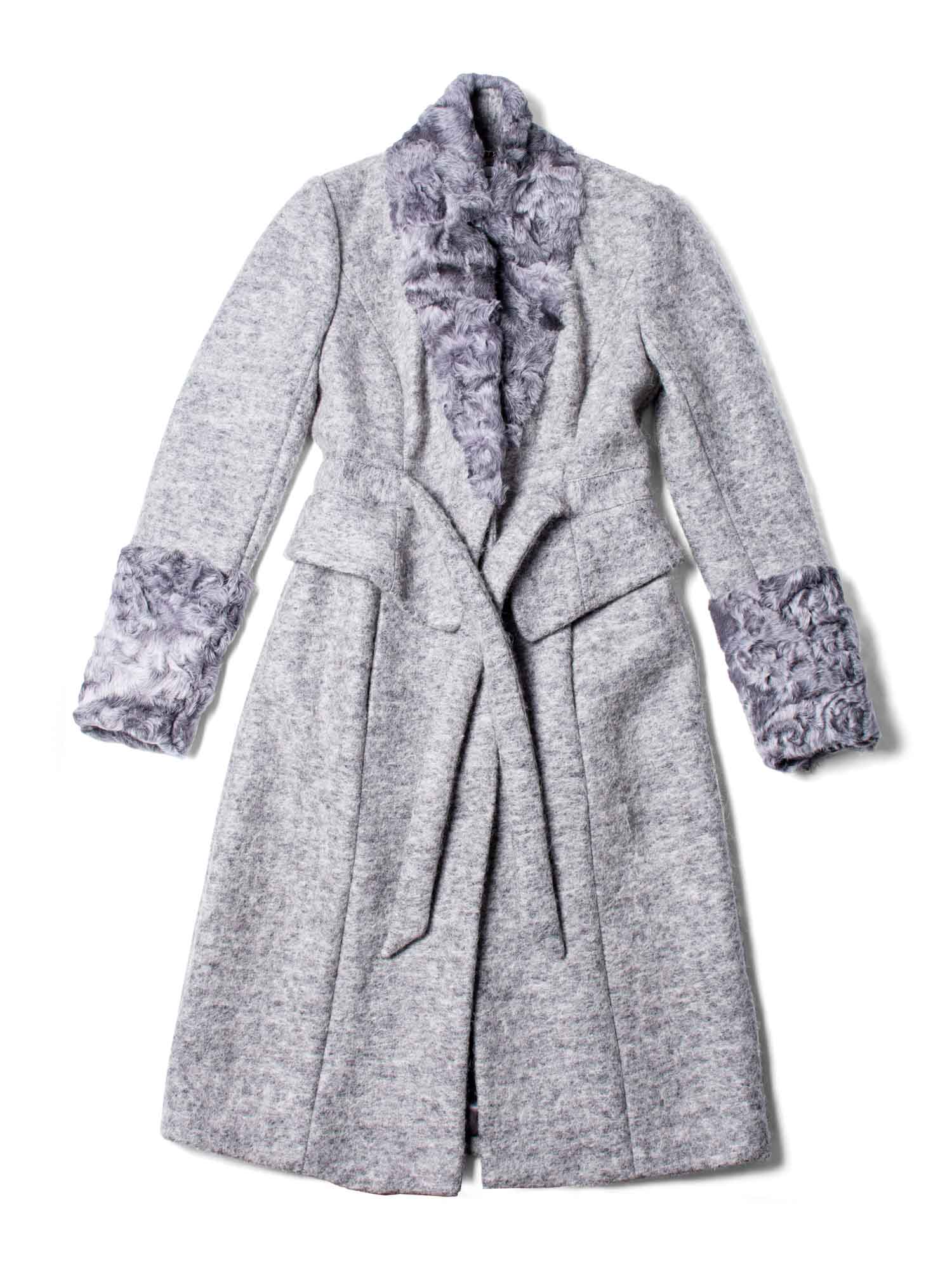 CODO Genuine Curly Lamb Felt Wool Belted Fitted Coat Grey