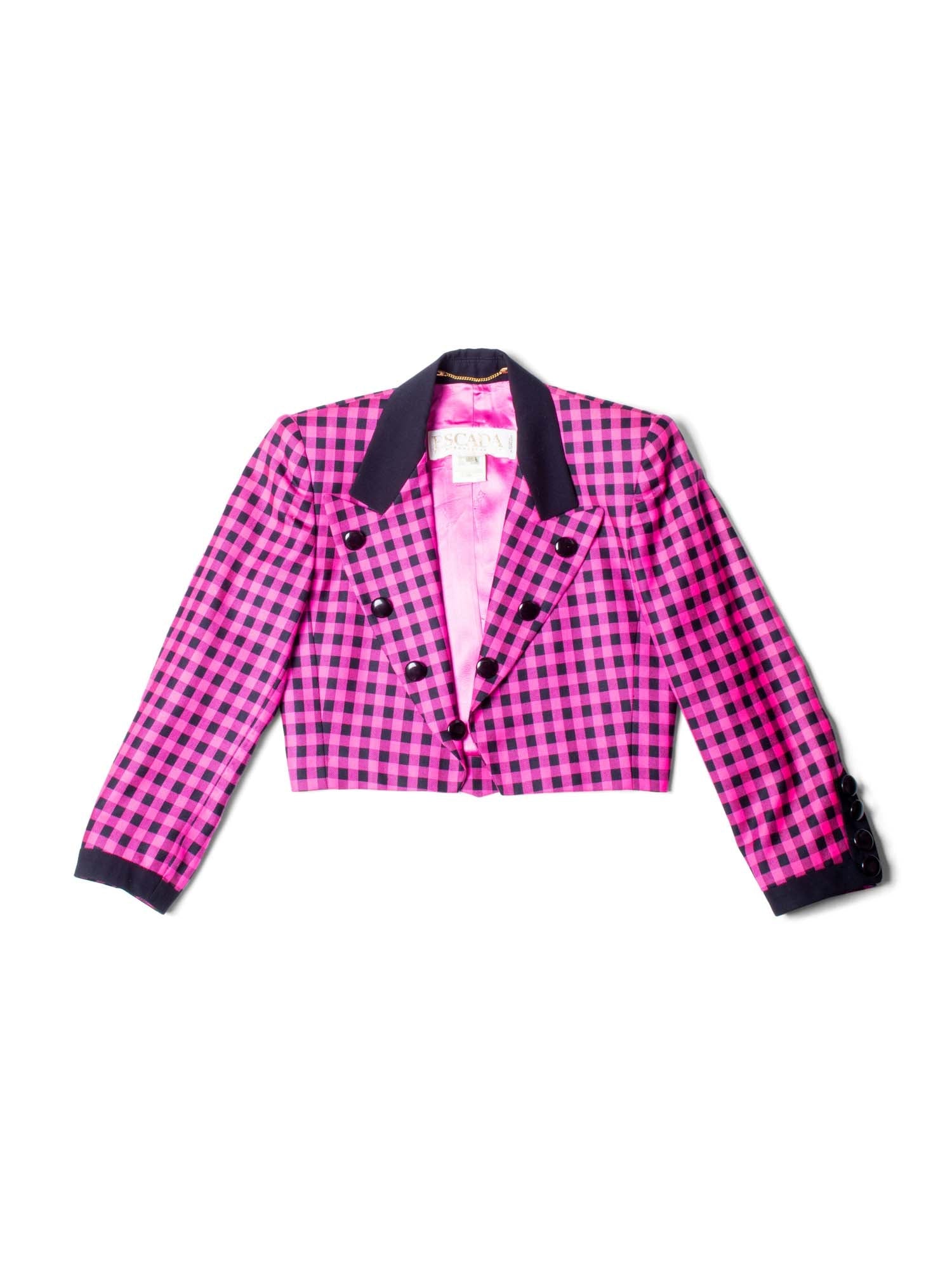 Escada Vintage Wool Plaid Cropped Jacket Pink Black