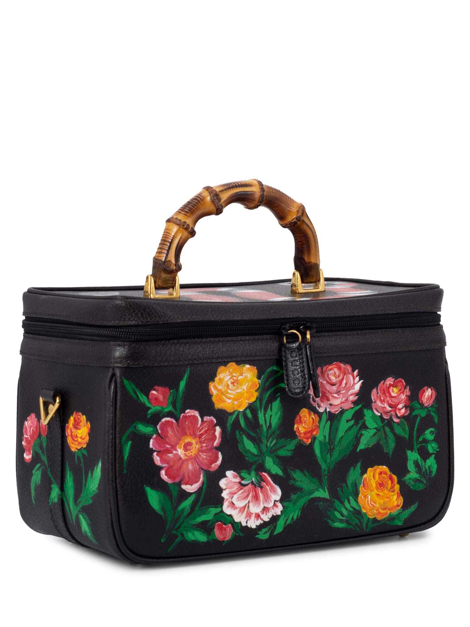 Gucci Leather Hand Painted Bamboo Top Handle Vanity Trunk Bag Black