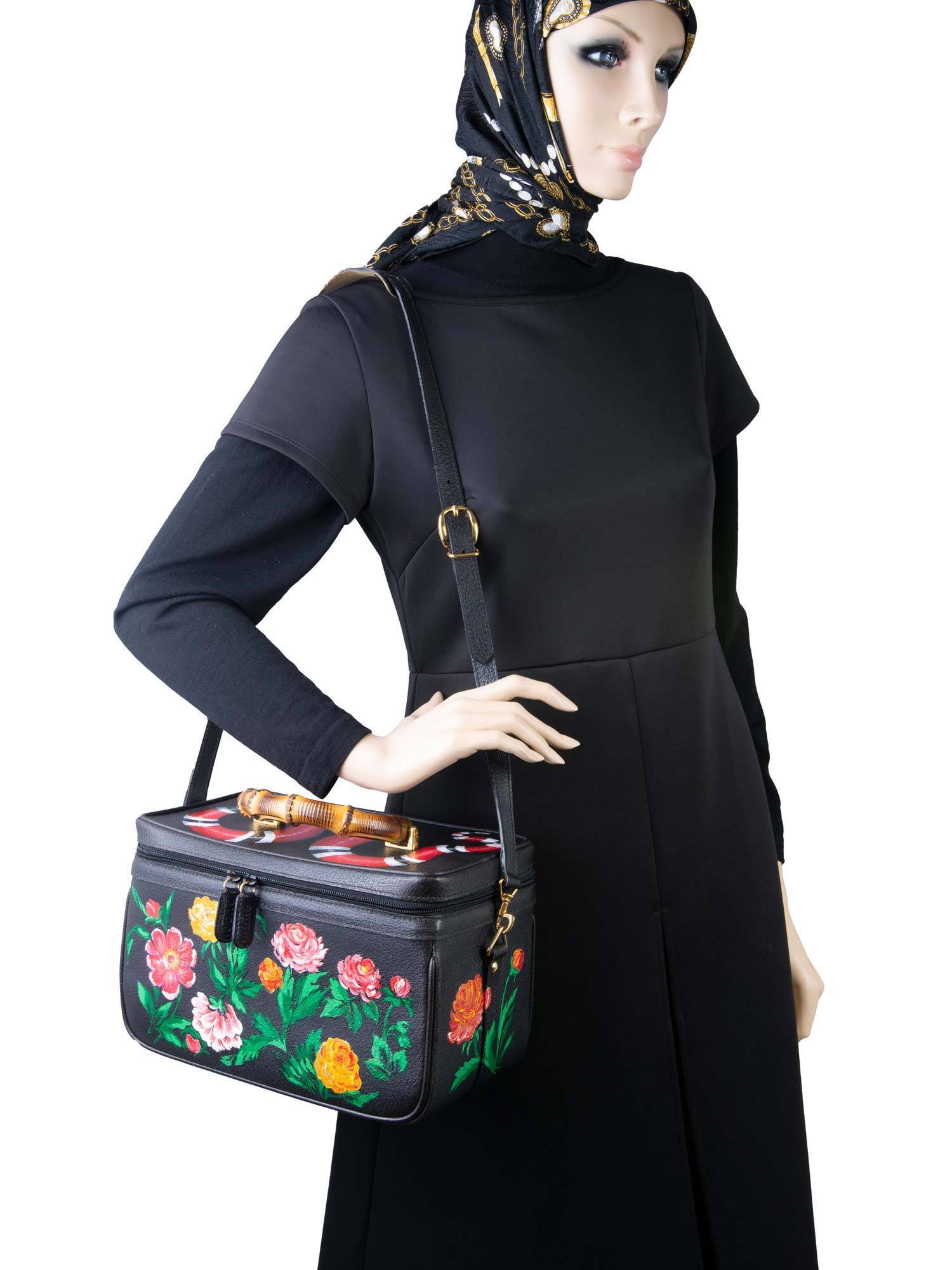 Gucci Leather Hand Painted Bamboo Top Handle Vanity Trunk Bag Black