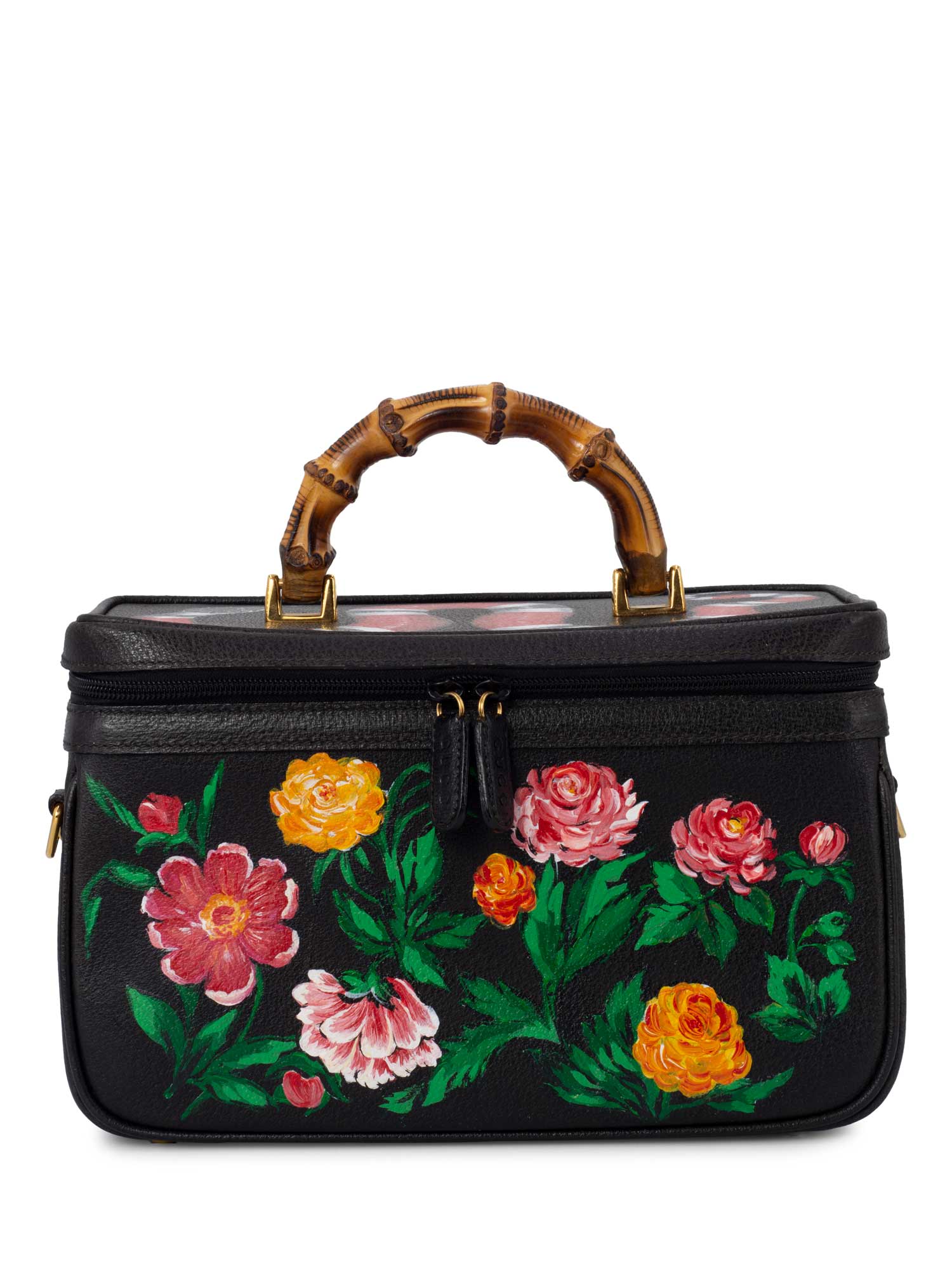 Gucci Leather Hand Painted Bamboo Top Handle Vanity Trunk Bag Black