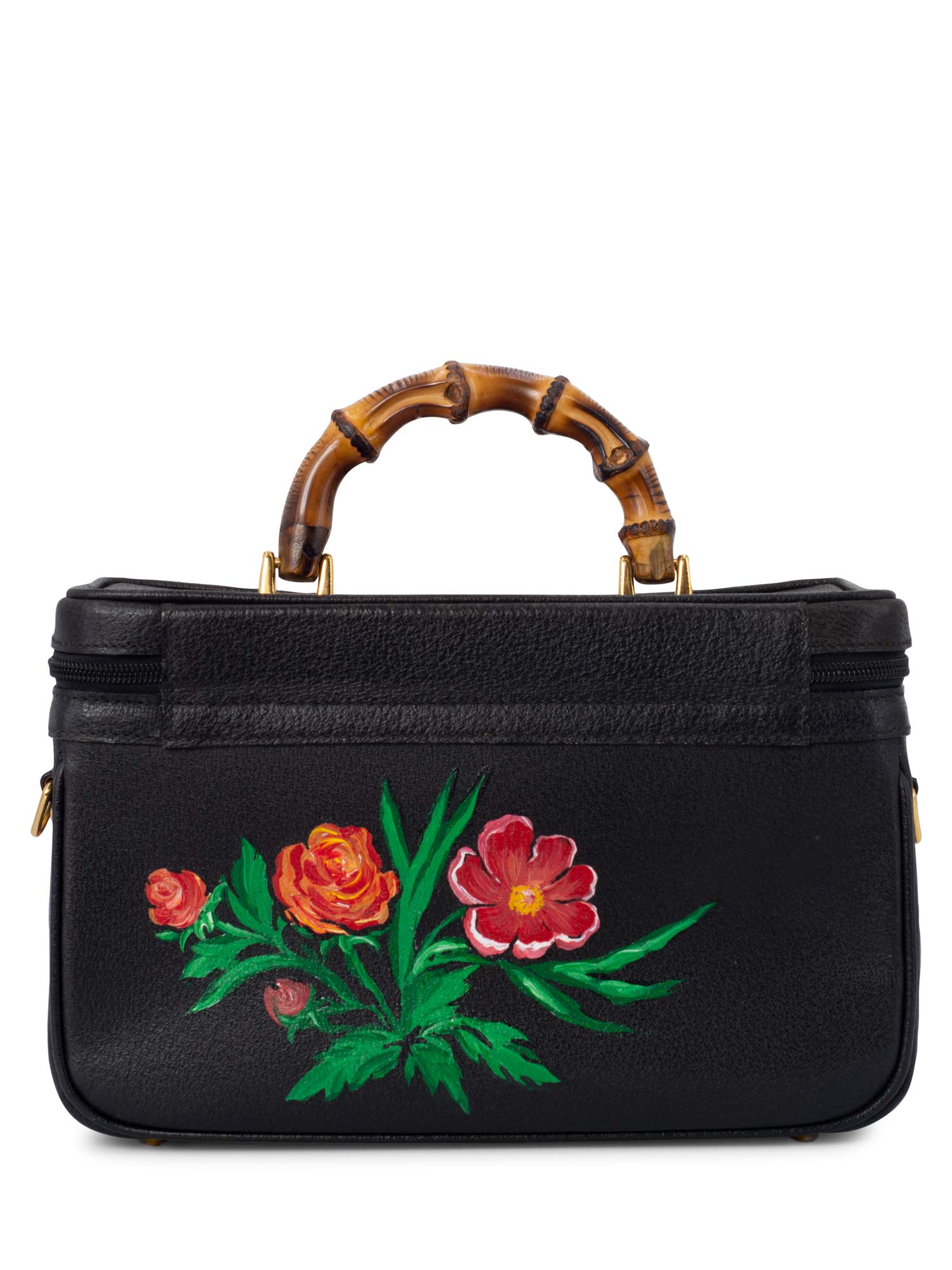 Gucci Leather Hand Painted Bamboo Top Handle Vanity Trunk Bag Black