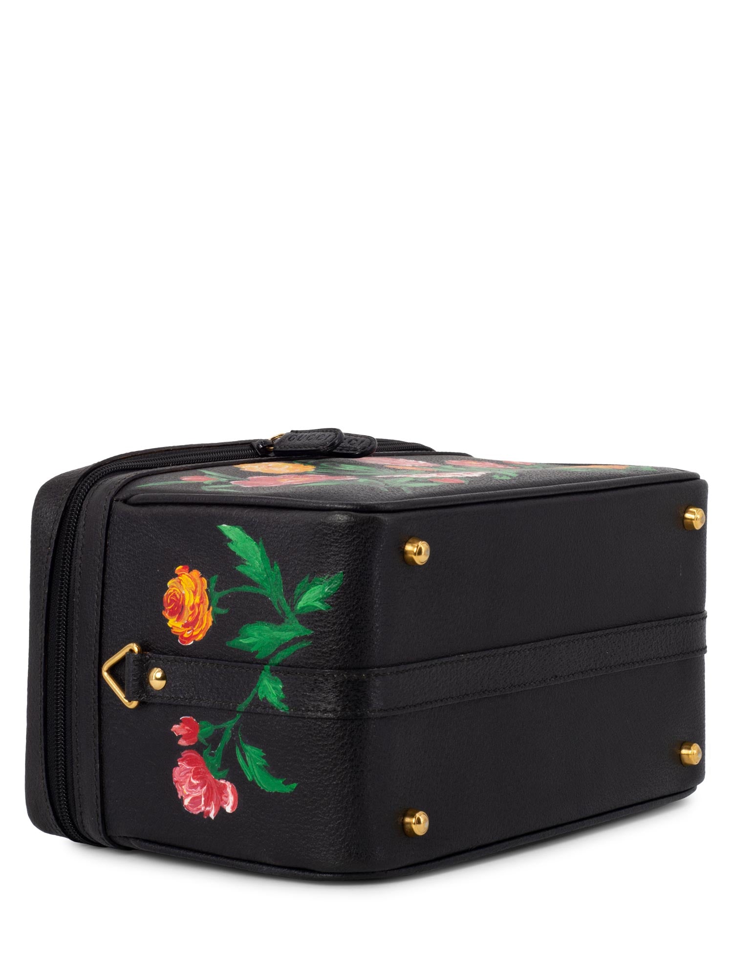 Gucci Leather Hand Painted Bamboo Top Handle Vanity Trunk Bag Black
