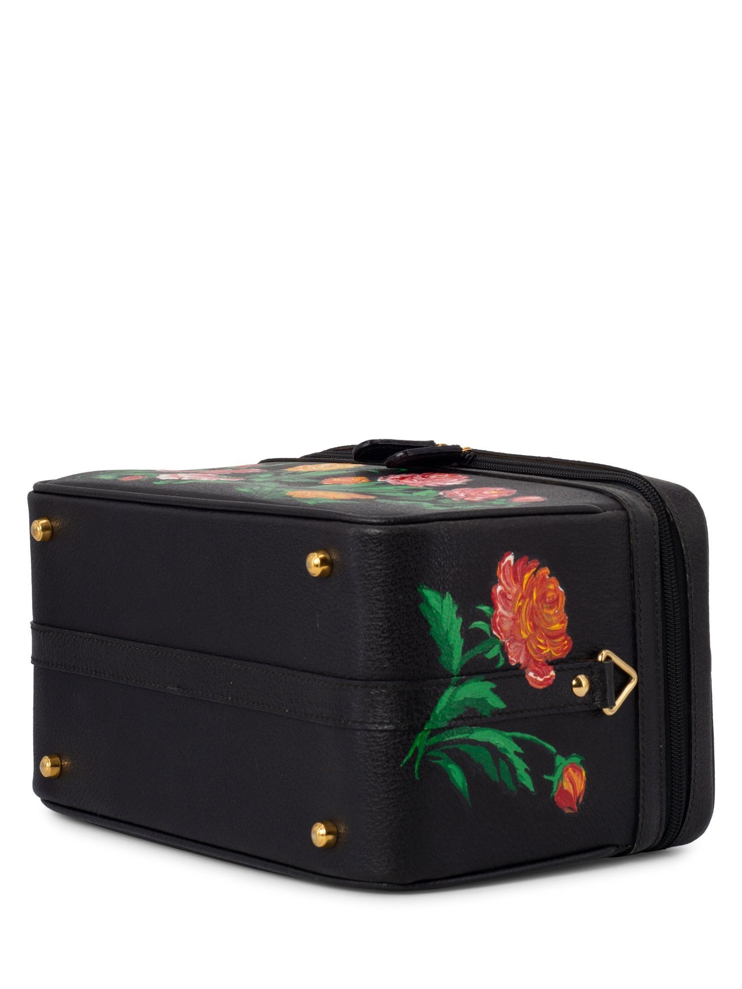 Gucci Leather Hand Painted Bamboo Top Handle Vanity Trunk Bag Black