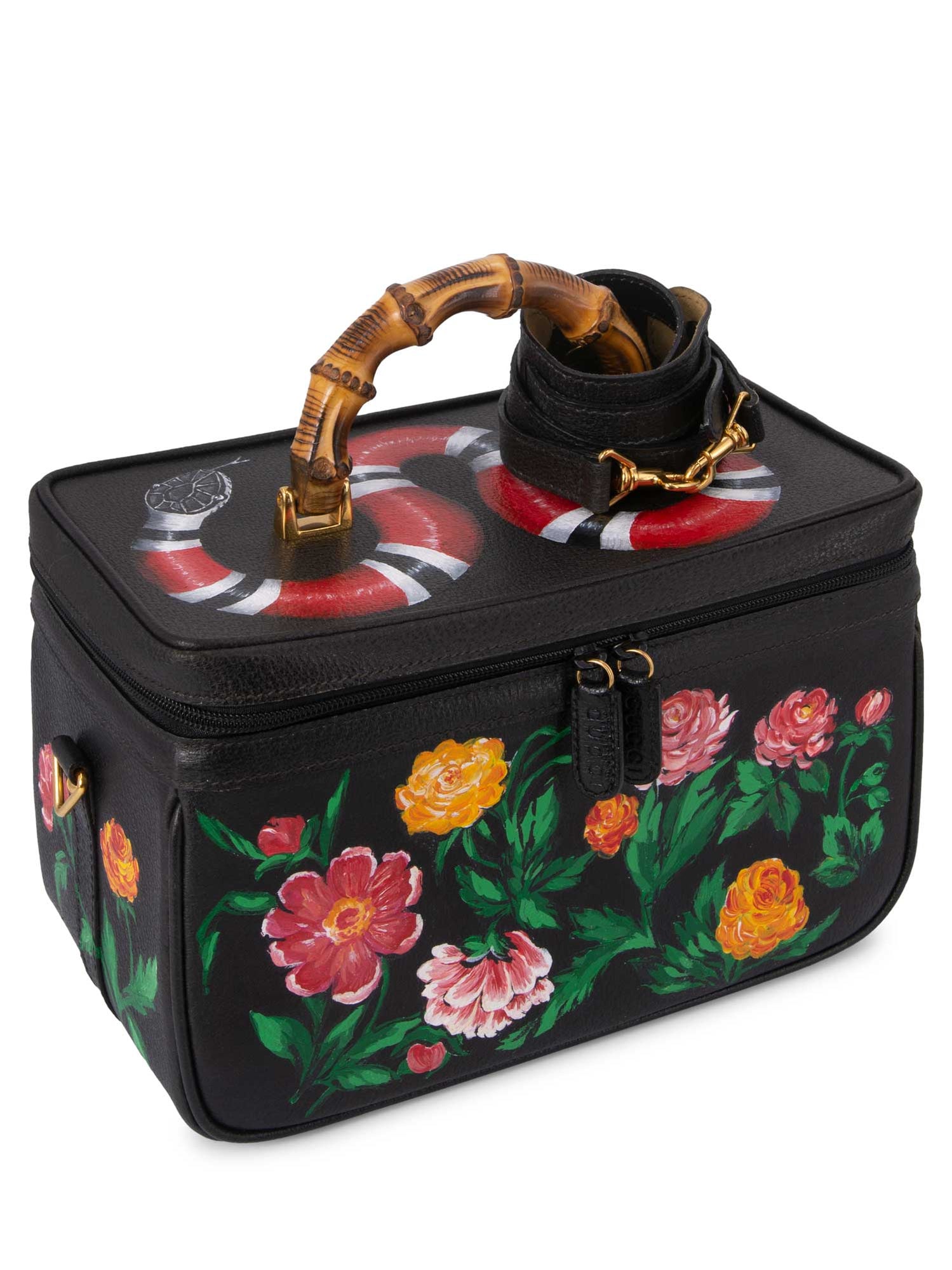 Gucci Leather Hand Painted Bamboo Top Handle Vanity Trunk Bag Black
