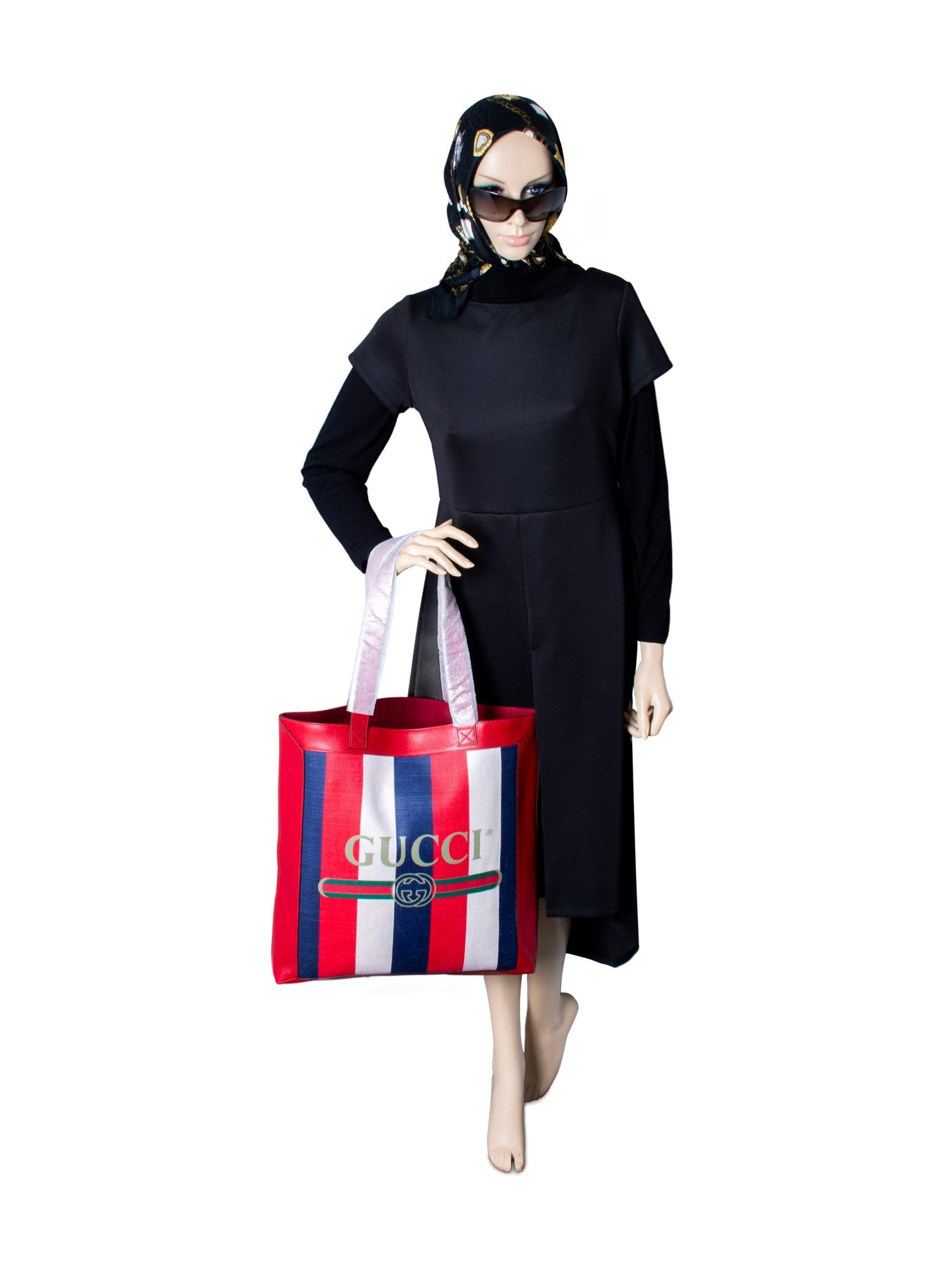 Gucci Logo Striped Leather Canvas Tote Bag Red White Blue