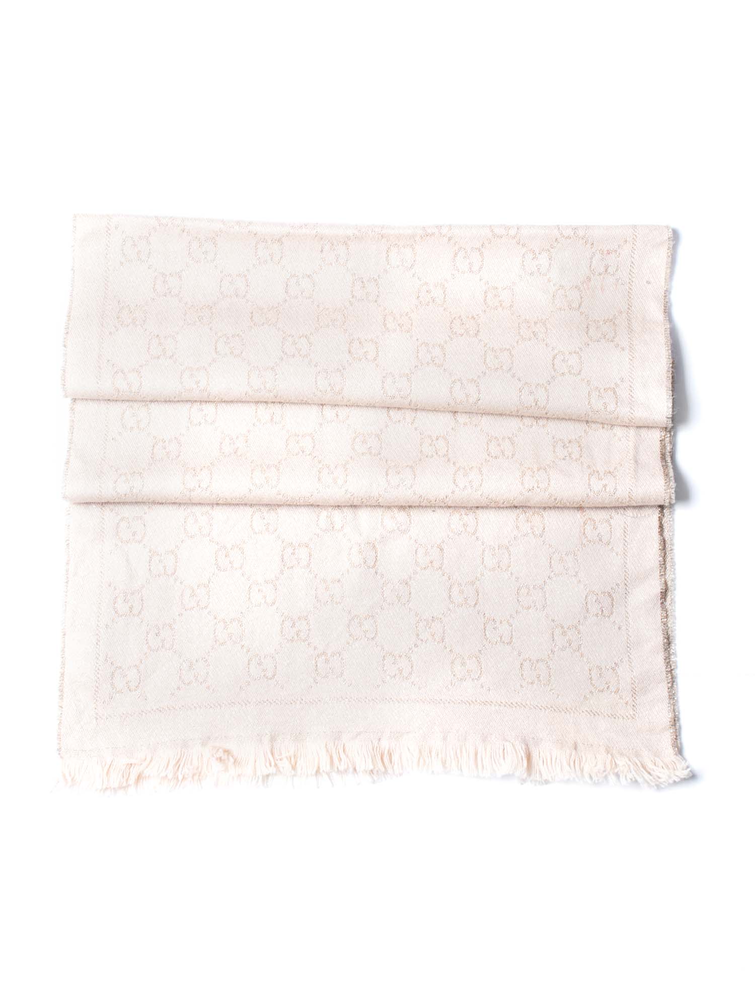 Gucci Wool GG Supreme Monogram Fringe Scarf Taupe