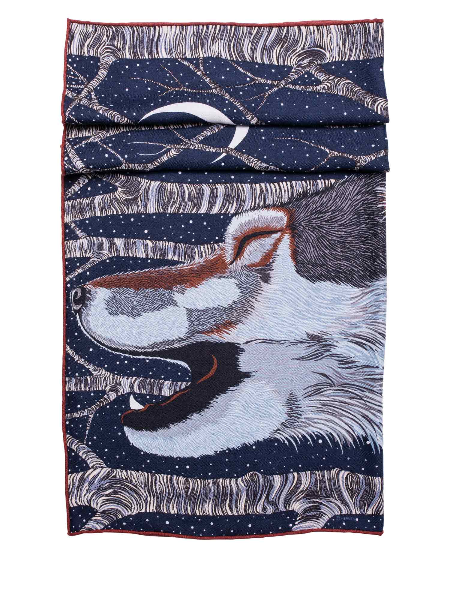 Hermes Cashmere Silk Wolf Scarf 65 Blue