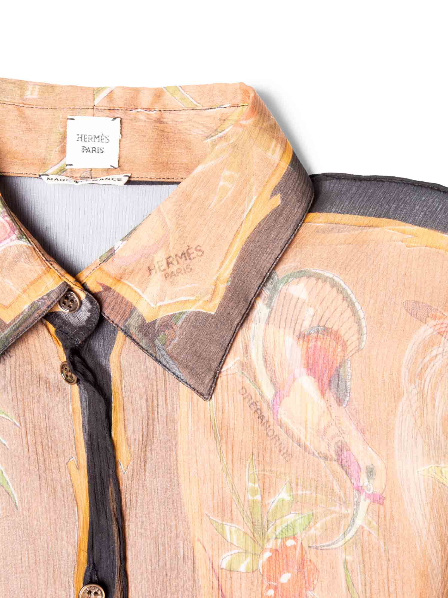 Hermes Signed Chiffon Floral Bird Short Sleeve Blouse Brown