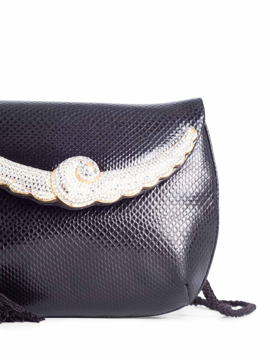 Judith Leiber Python Leather Crystal Tassel Flap Messenger Bag Black