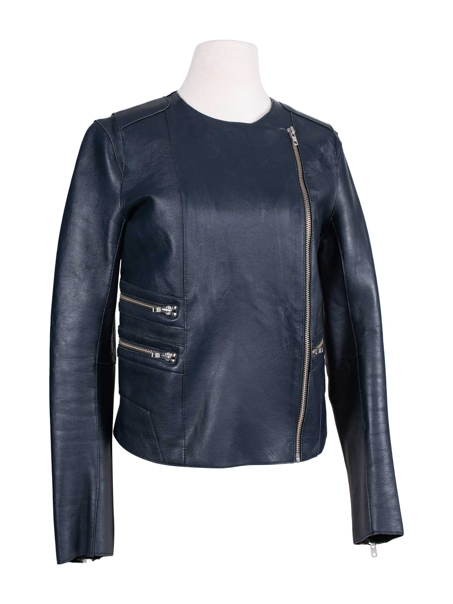 Maje Leather Biker Jacket Navy Blue