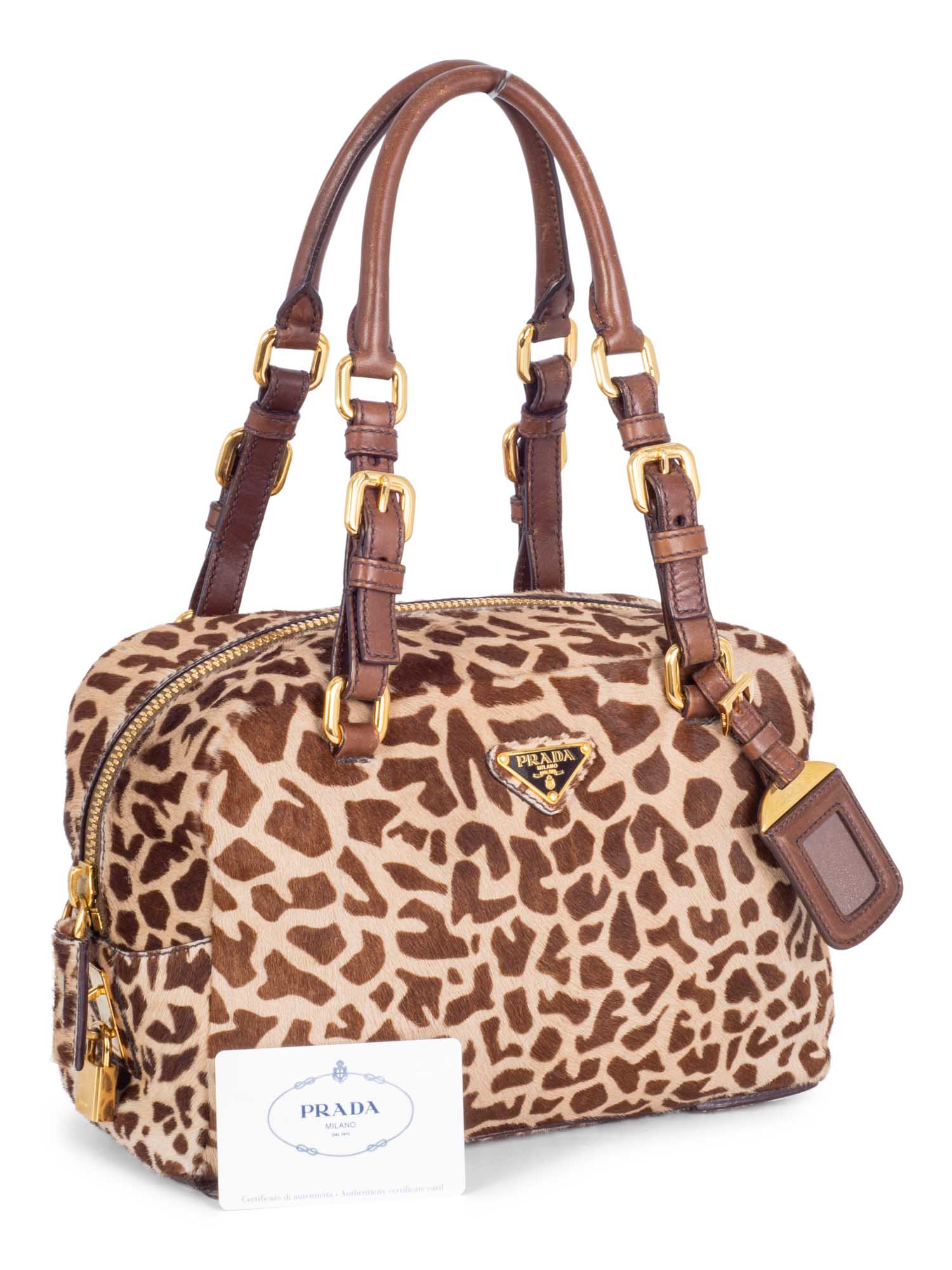 Prada Animal Print Calf Hair Shoulder Bag Brown
