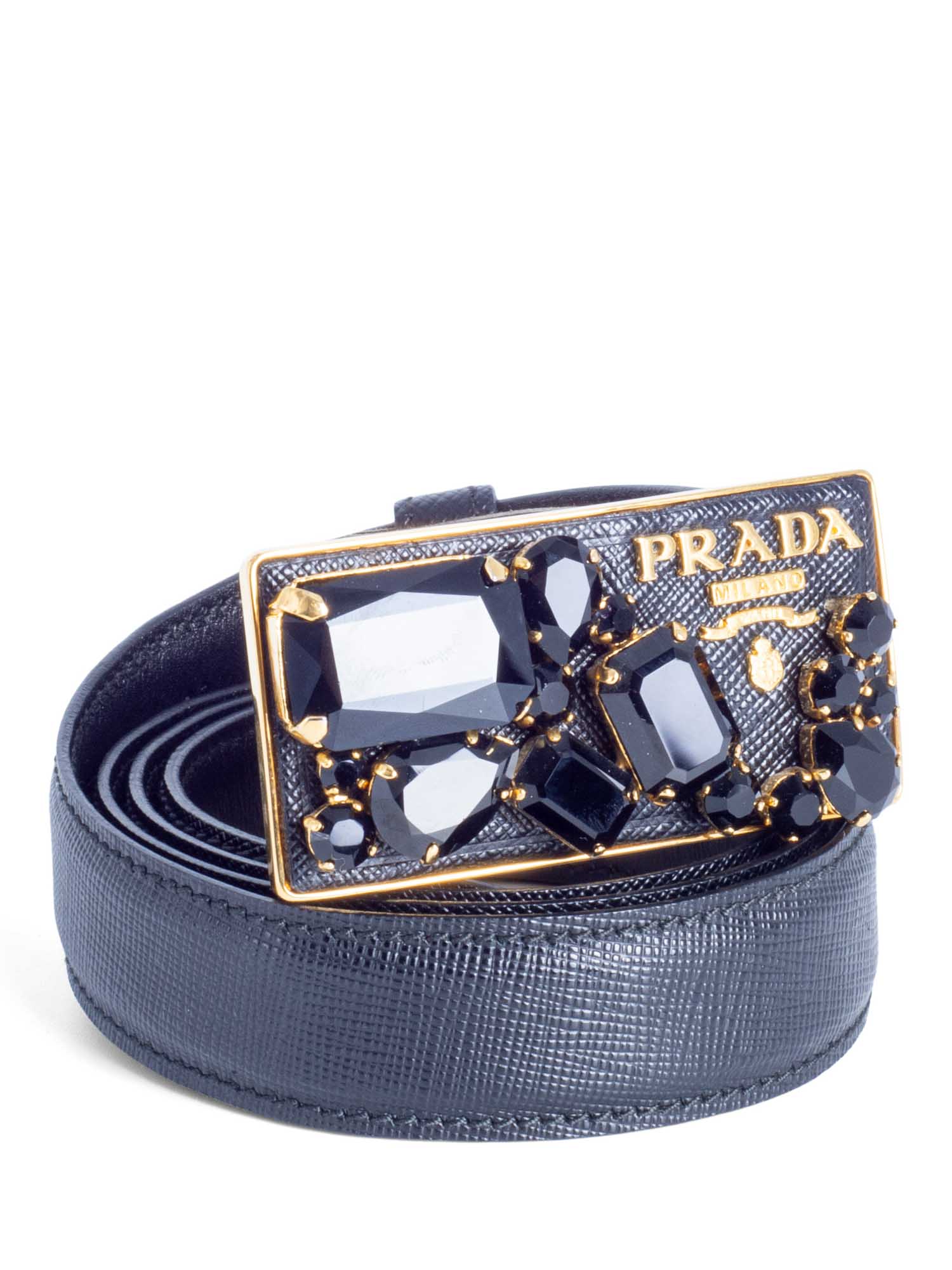 Prada Logo Saffiano Leather Gem Stone Buckle Belt Black Gold