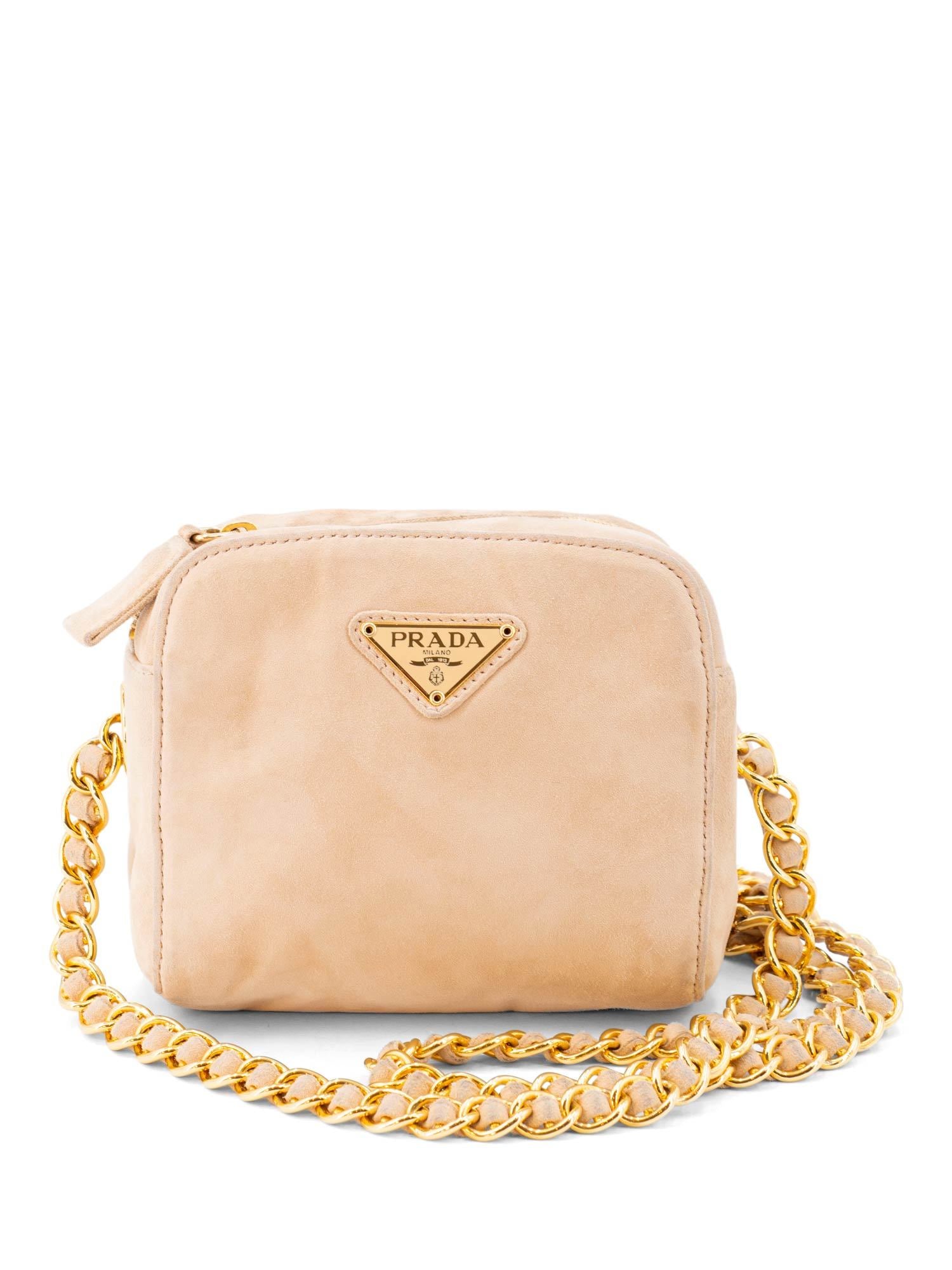 Prada Logo Suede Mini Messenger Bag Beige