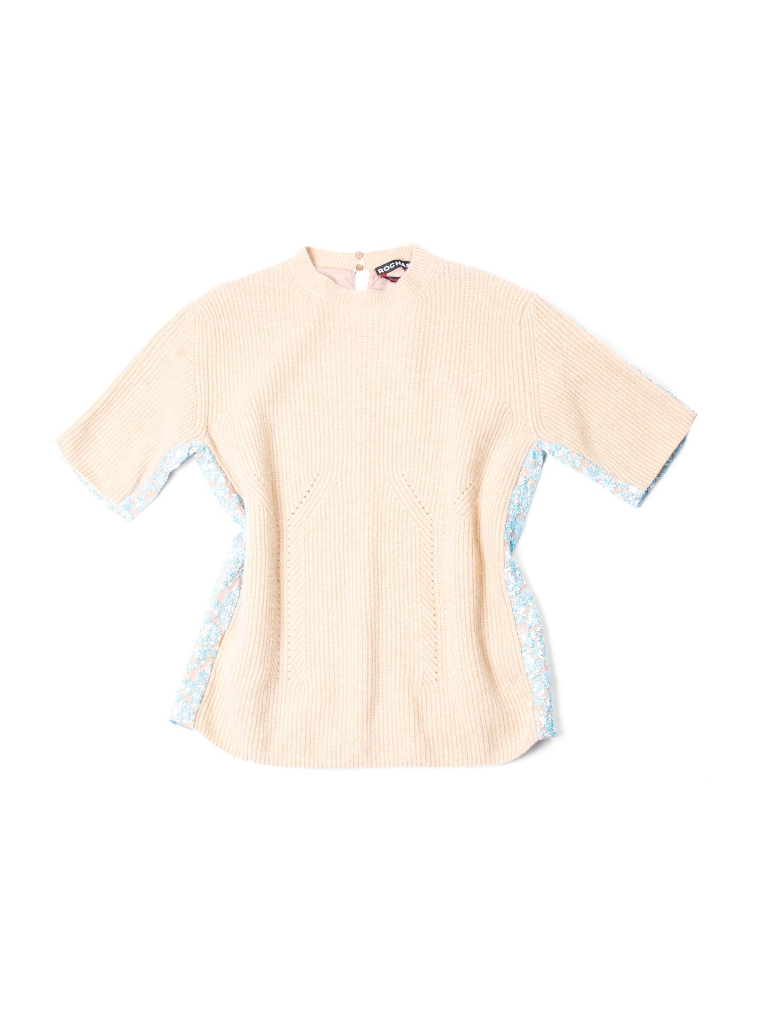 Rochas Knit Sparkly Brocade Short Sleeve Top Blue Gold